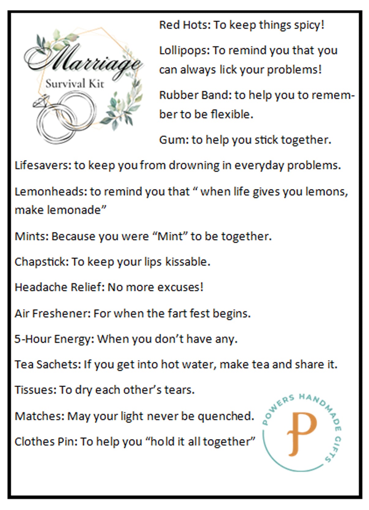 Funny Wedding Gift: Hilarious Marriage Survival Kits – Powers Handmade ...